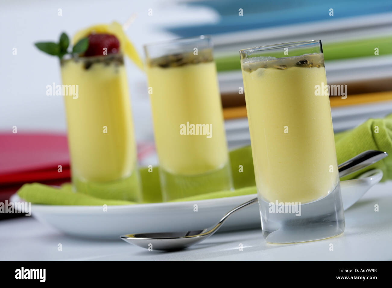 Cheese and mango cream with passion fruit Stock Photo - Alamy