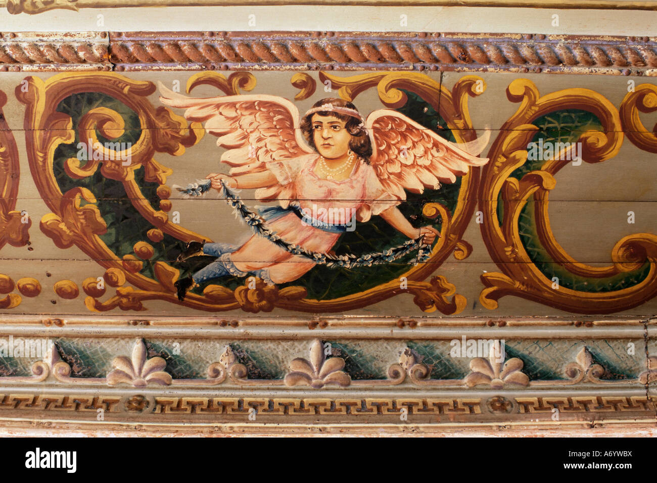 Detail of the painted ceiling done in the European style in bedroom of ...