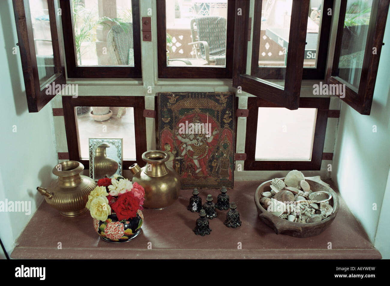 Interior window ledge detail of new build home incorporating old stone ...