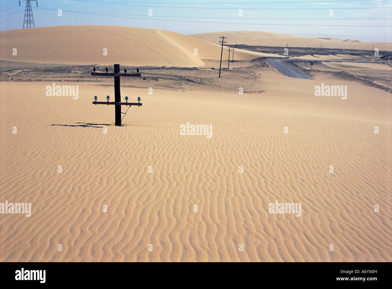 Migrating barchan sand dunes across road marked by buried telegraph ...