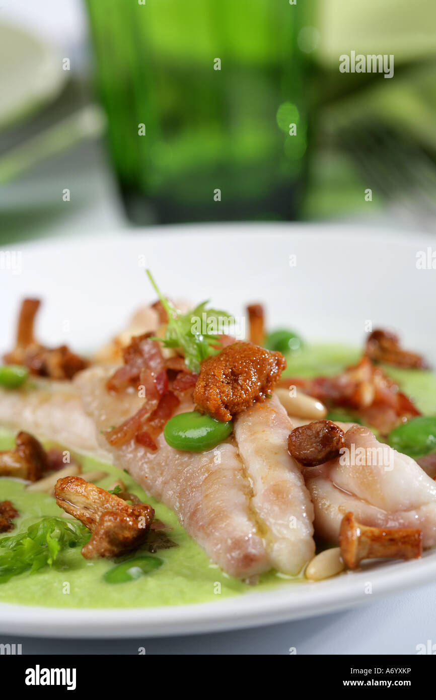 Sole fish with tender broad beans with sea urchin roe and wild ...