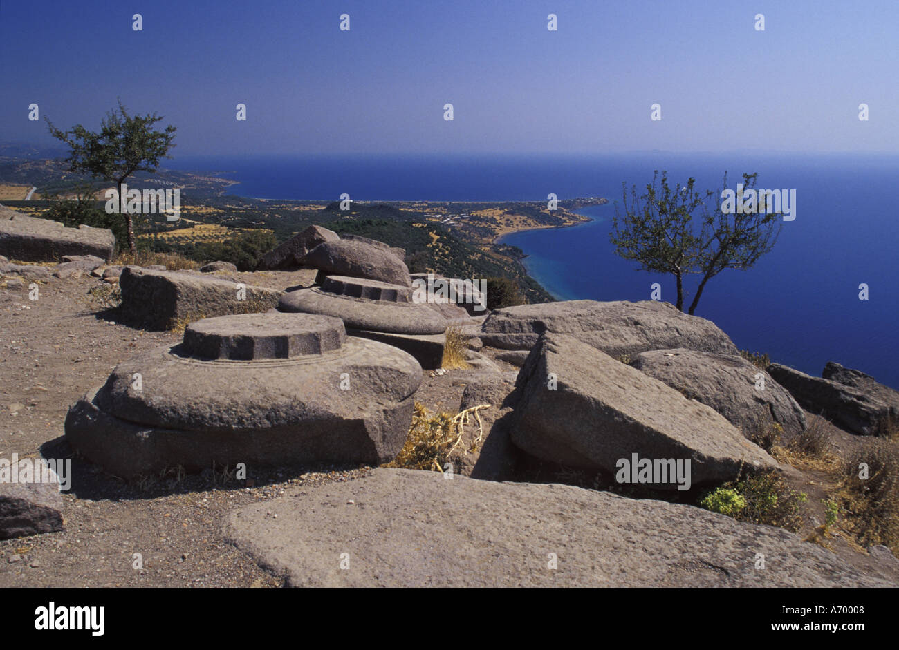 the Aegean Sea seen from the temple of Athena at Assos Turkey Stock ...