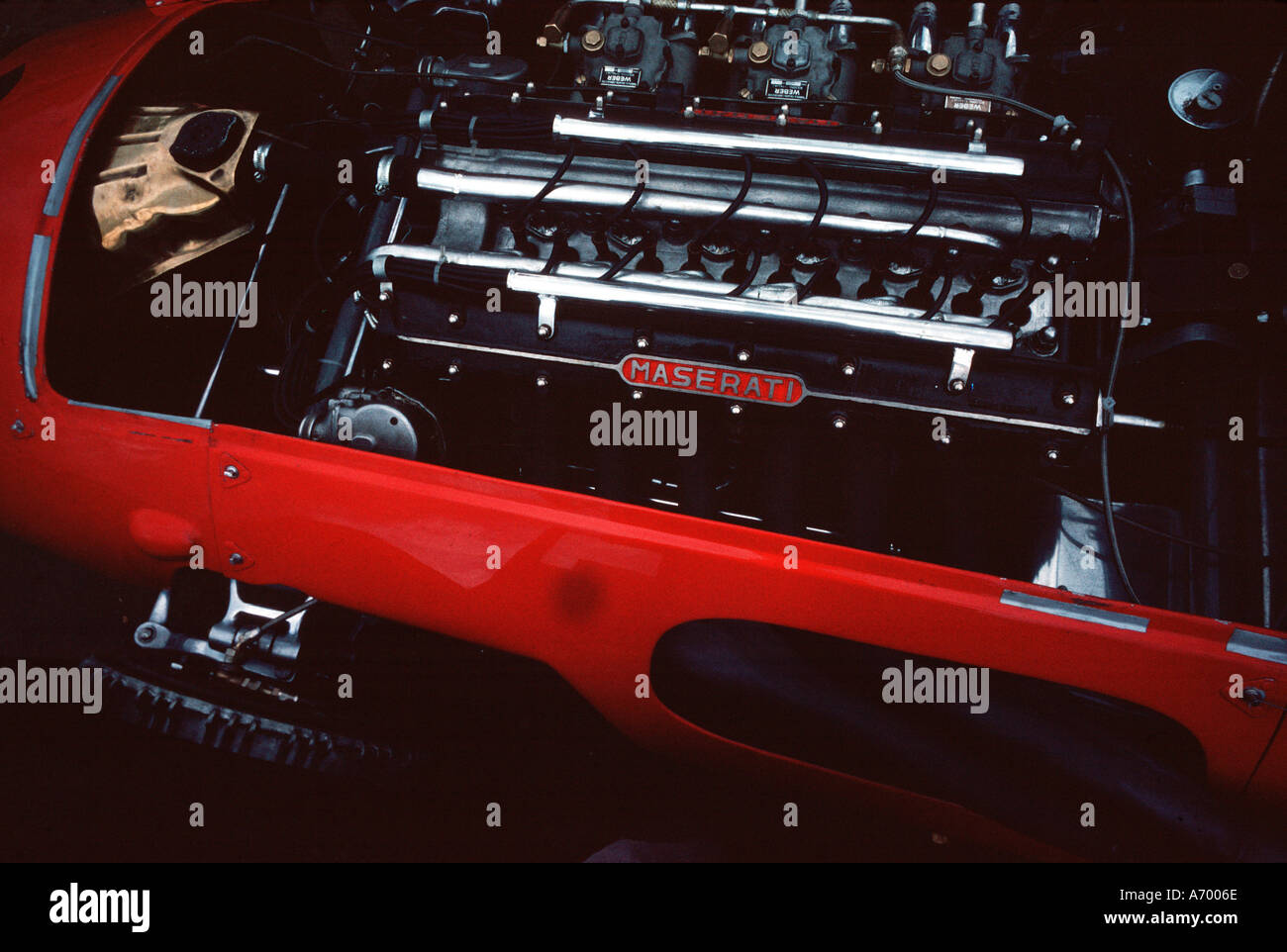 Engine compartment of a Maserati 250F Italian Formula 1 Grand Prix car ...