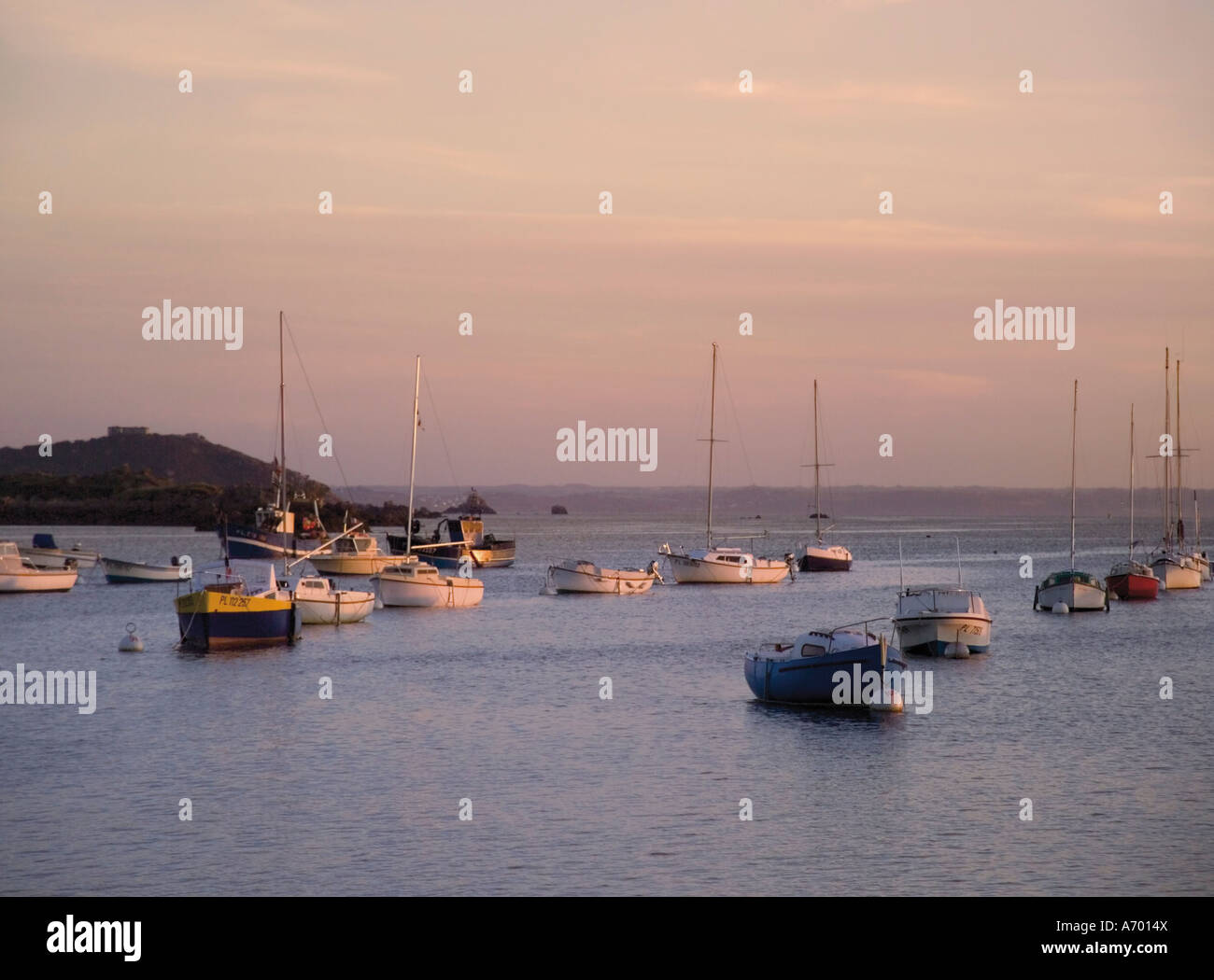 Boats in the harbour at sunset Ile Grande Cote de Granit Rose Cotes d ...