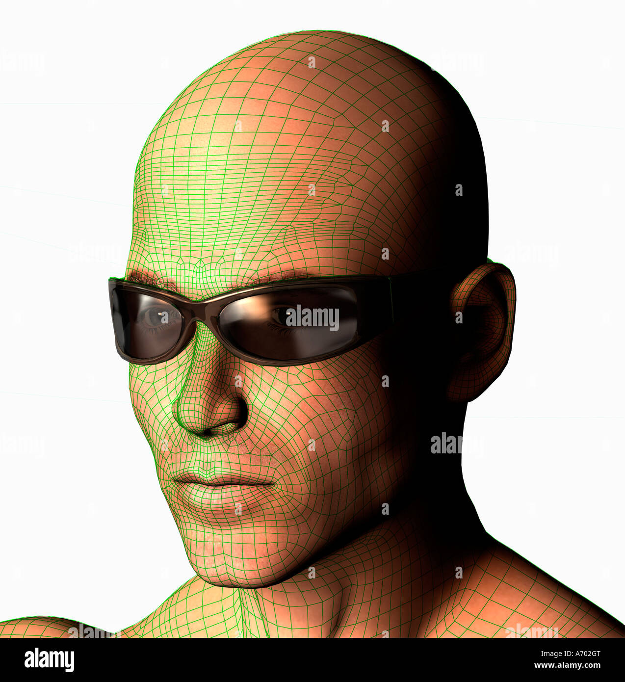 futuristic 3D computer generated bionic male robot head wearing sun ...