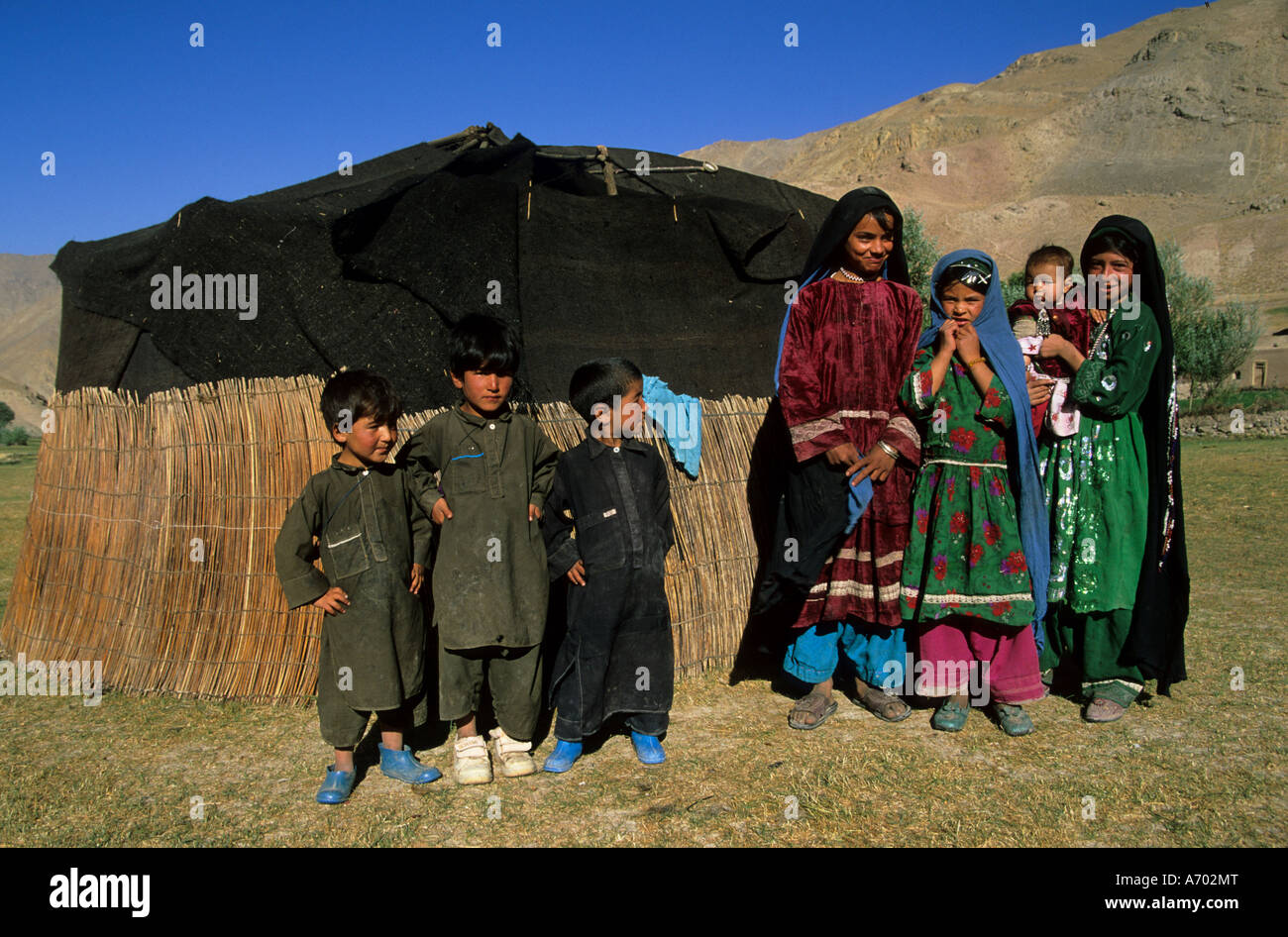 Children of the semi nomadic Aimaq people in front of summer yurts Pal ...