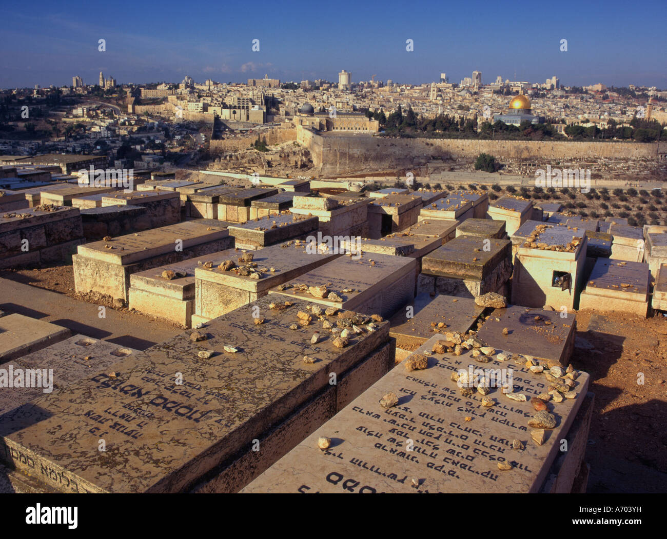 Jewish tombs in the Mount of Olives cemetery with the Old City beyond ...