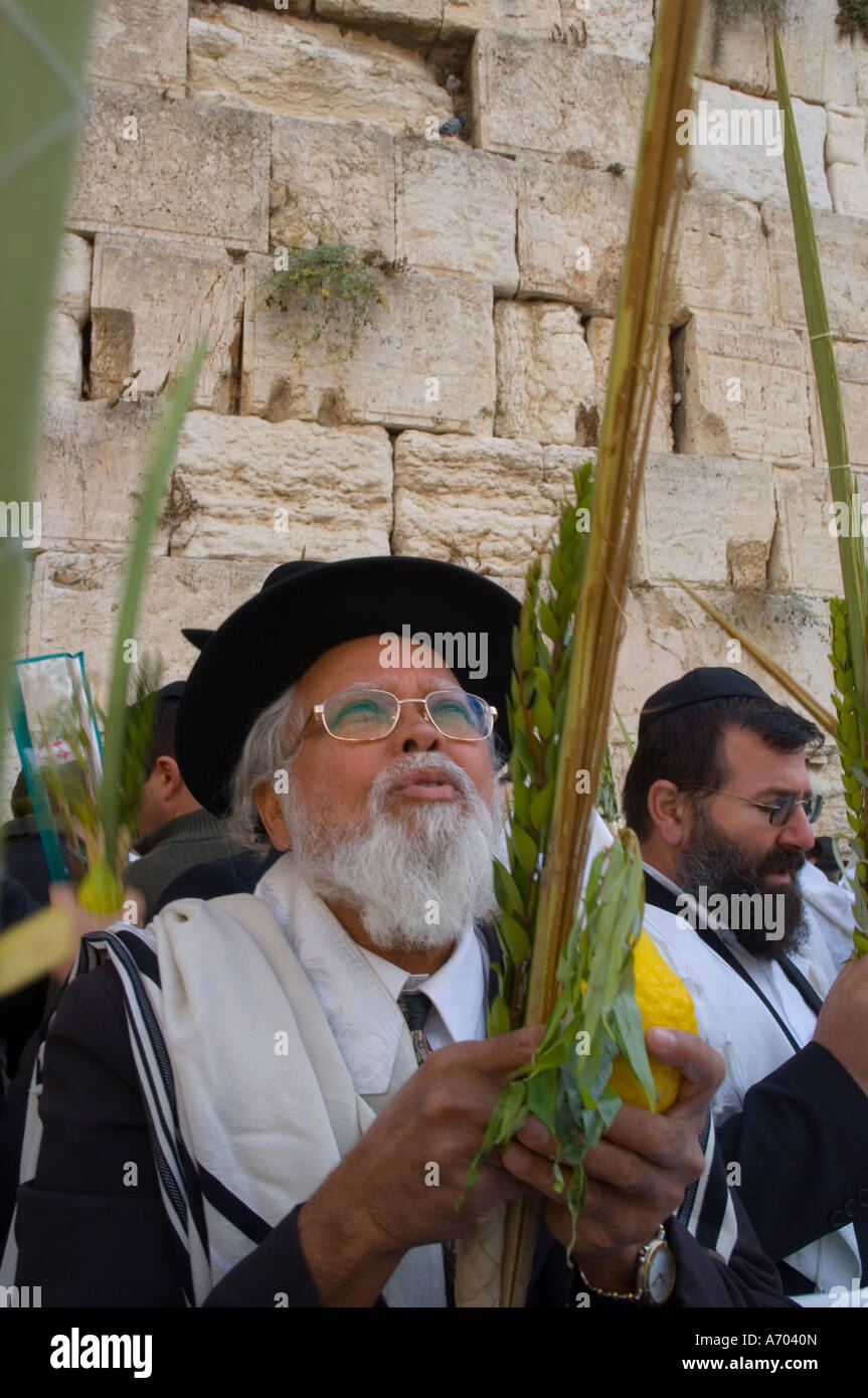 Jew wearing prayer shawl blessing the Lulav and Etrog palm frond Sukot ...
