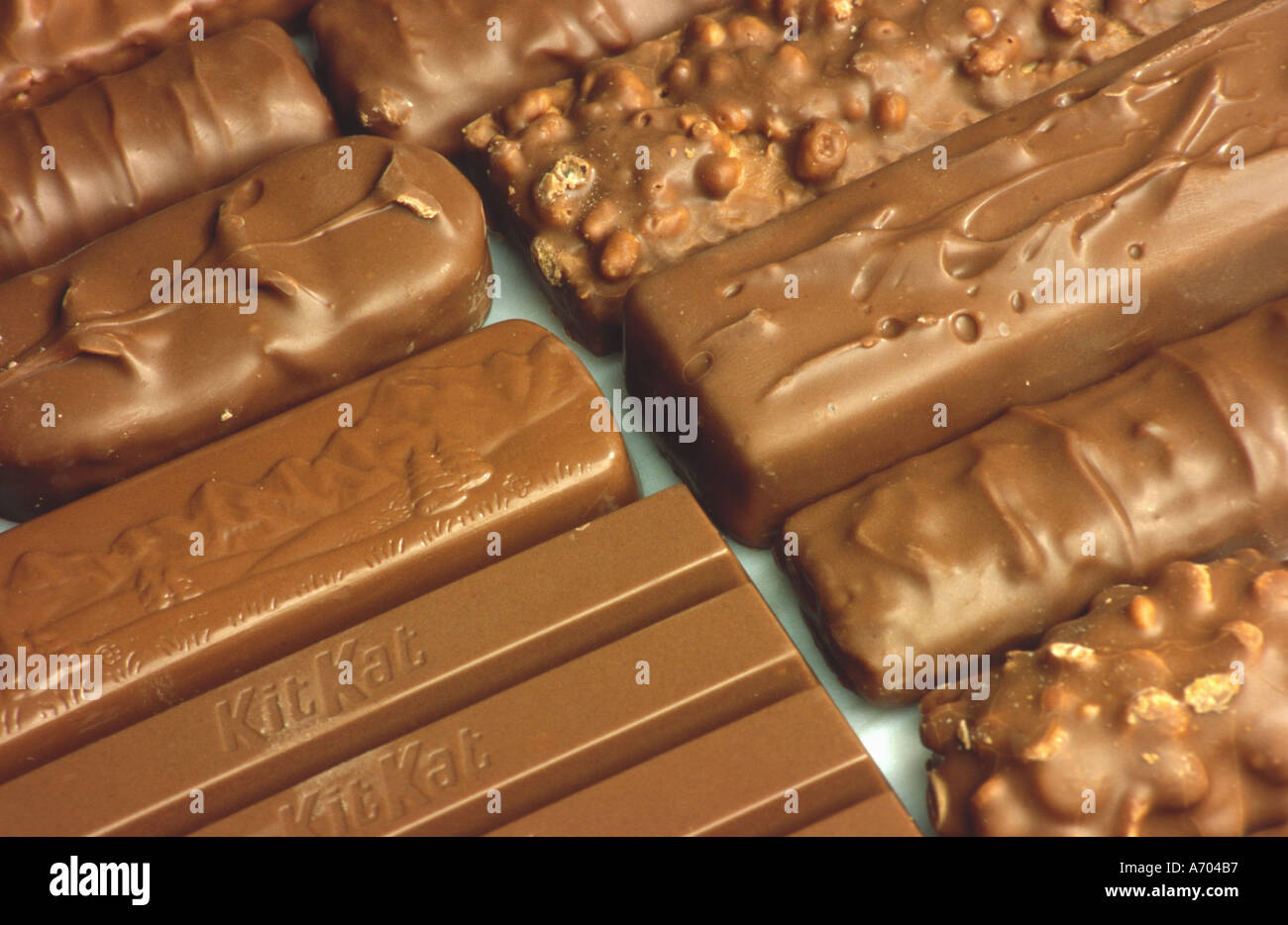 food snacks sweets various kind of bars chocolate Stock Photo - Alamy