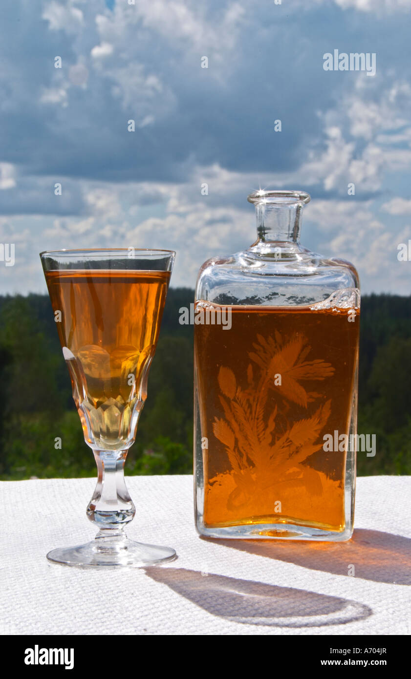 Swedish traditional aquavit schnapps glass in pointed form filled to ...
