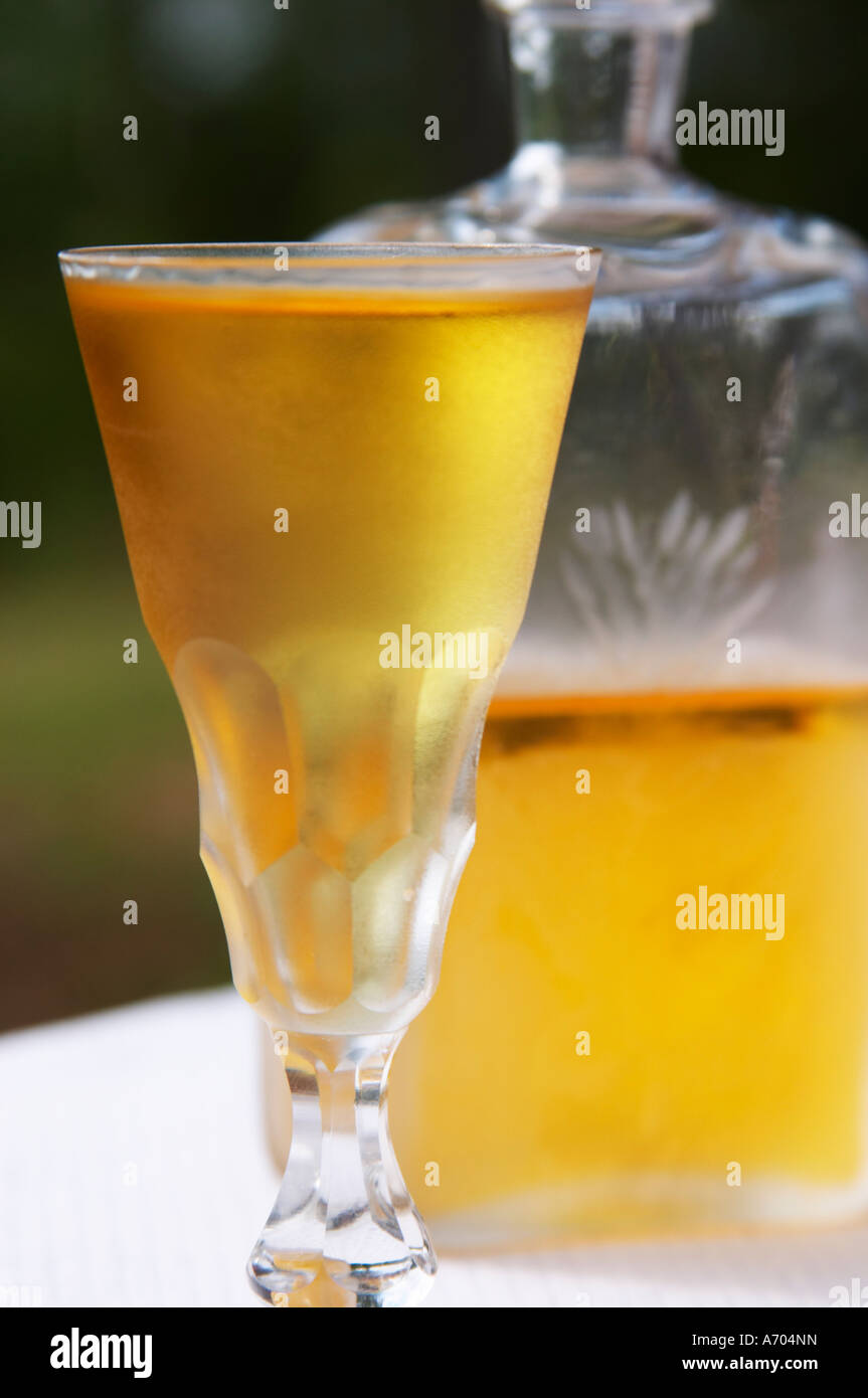 Swedish traditional aquavit schnapps glass in pointed form filled to ...