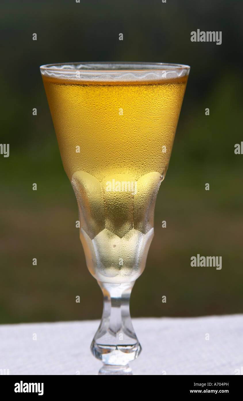 Swedish traditional aquavit schnapps glass in pointed form filled to ...