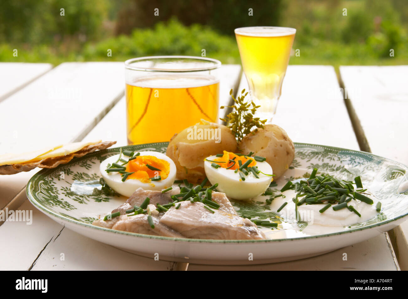 Traditional Swedish summer lunch with marinated herring sill, boiled ...