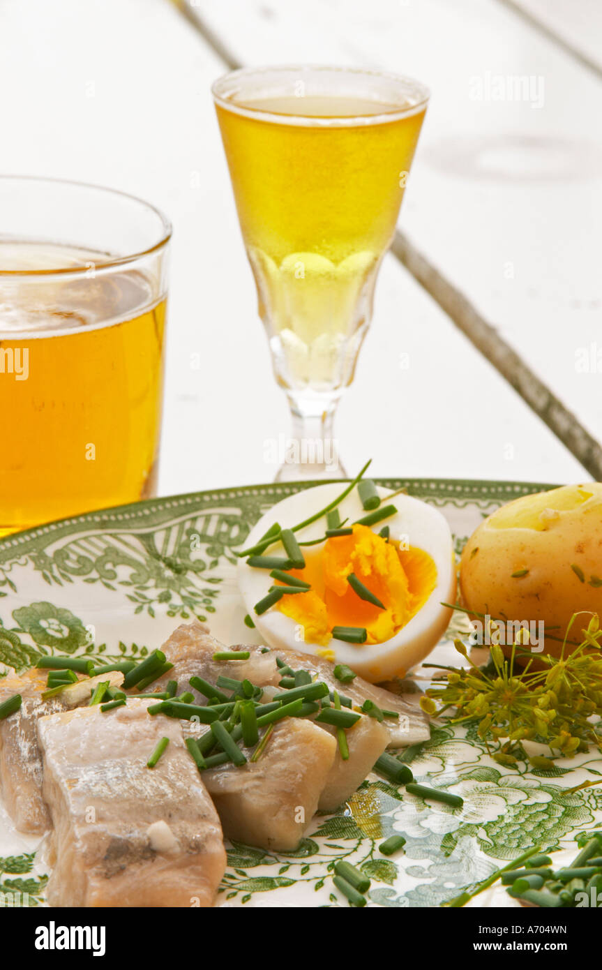 Traditional Swedish summer lunch with marinated herring sill, boiled ...