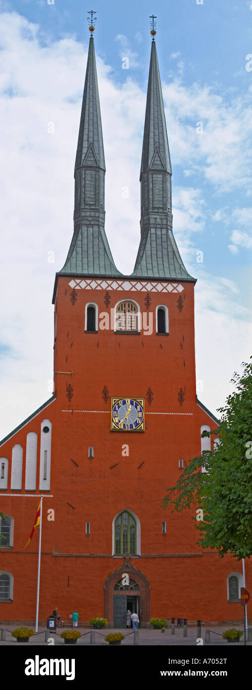 The Vaxjo cathedral church. The front facade with its two spires. Vaxjo ...