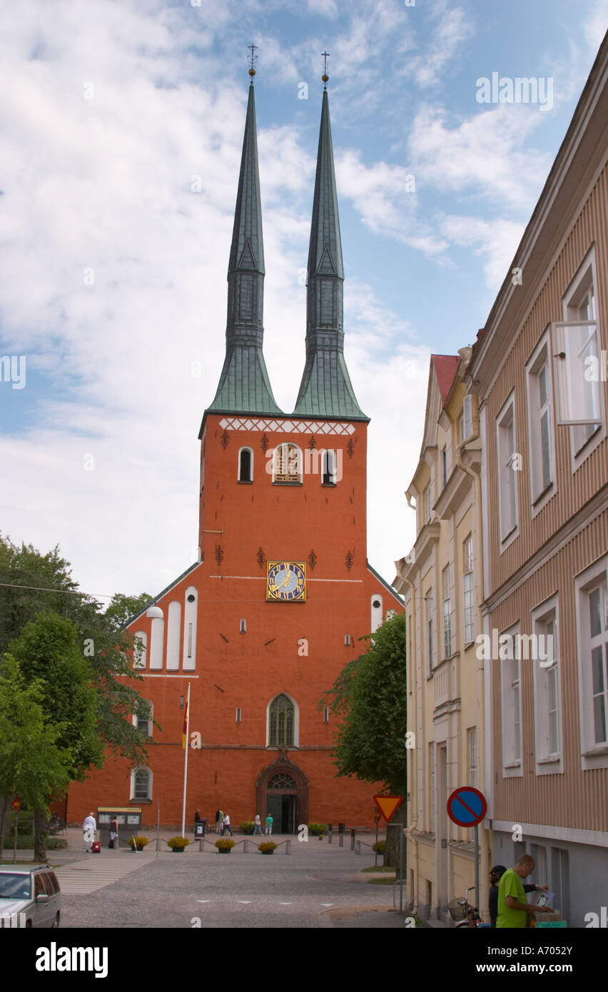 The Vaxjo cathedral church. The front facade with its two spires. Vaxjo ...