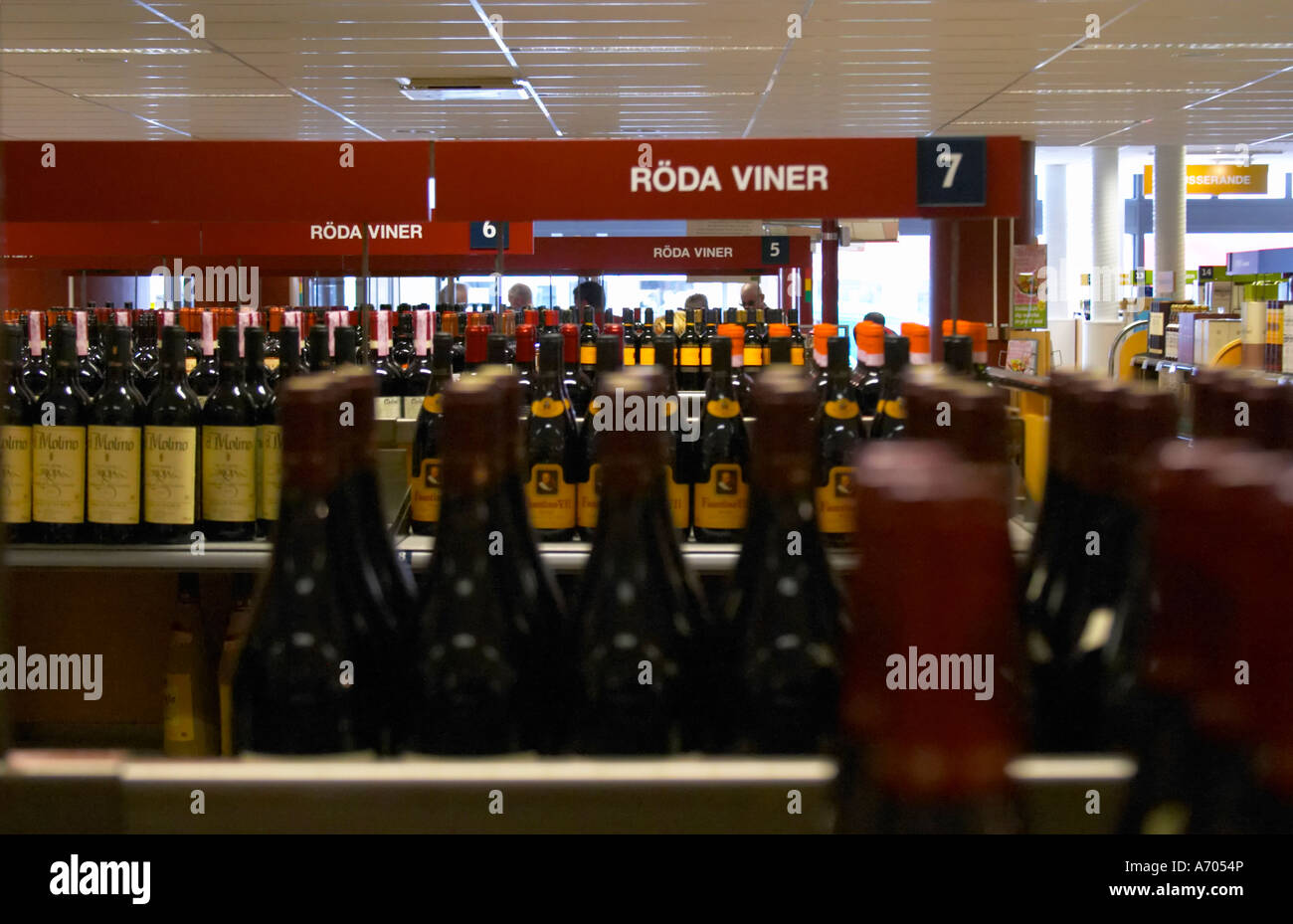 The self service Systembolaget store with wines standing on shelves ...