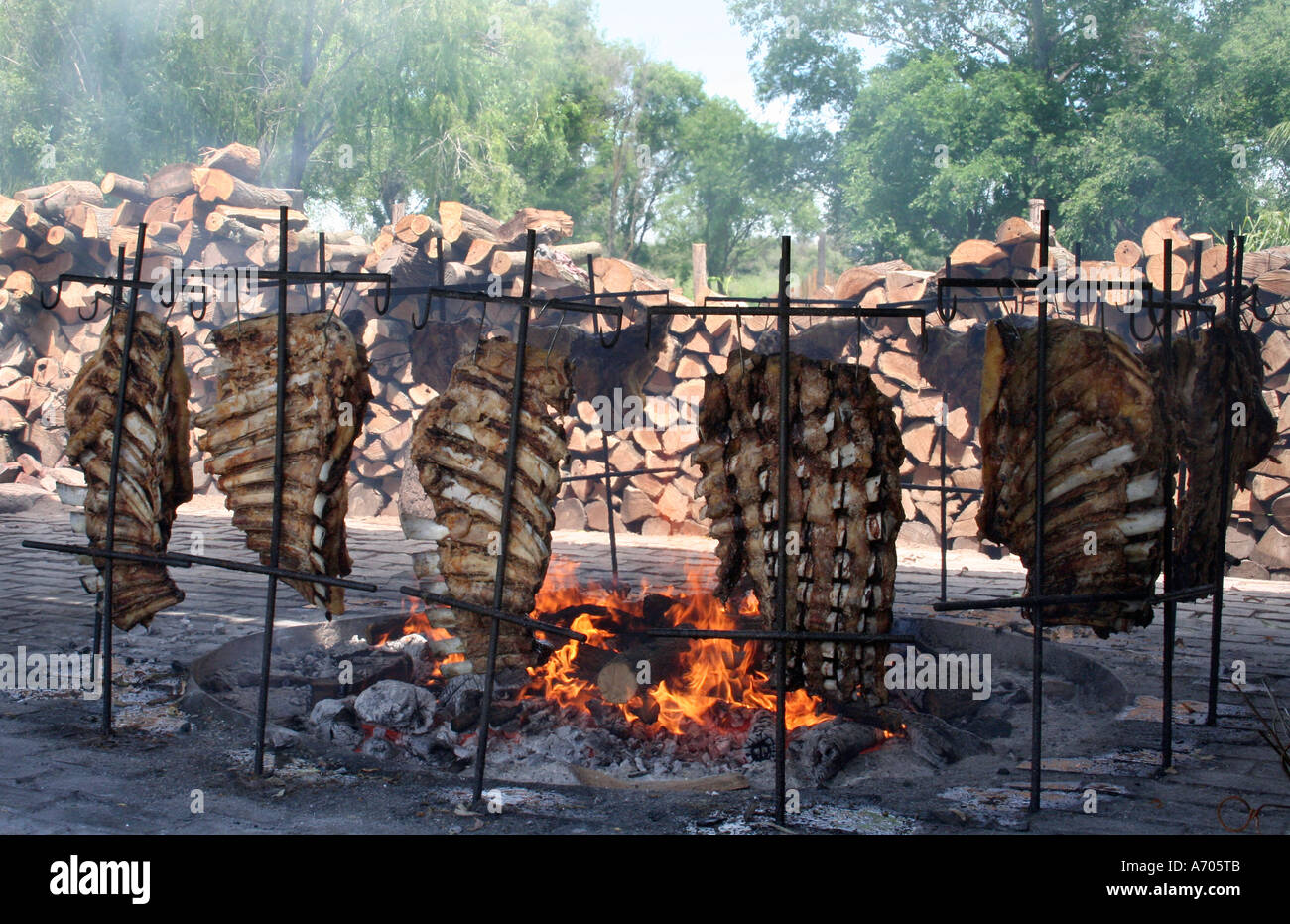 Beef meat grilled over a fireplace Stock Photo - Alamy