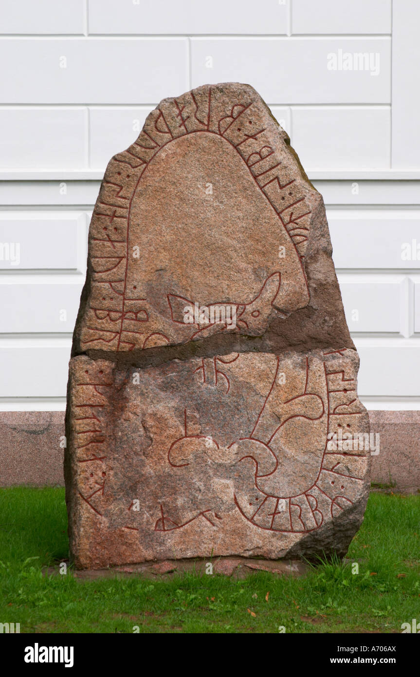 Rune stone from the 11th century. Eksjo town. Smaland region. Sweden ...