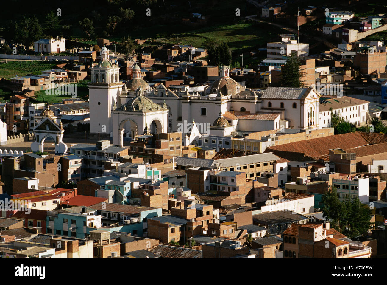 Aerial view of cathedral and town Copacabana Lake Titicaca Bolivia ...