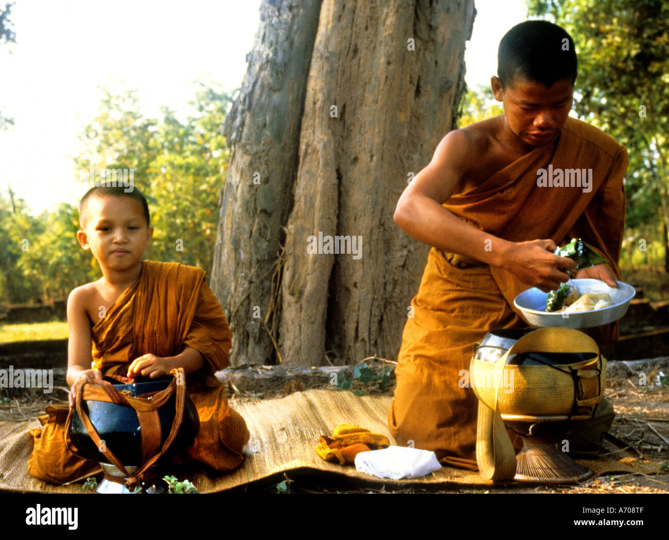 Thailand Thai Buddhist monk religion temple Monks eating meal rice food ...