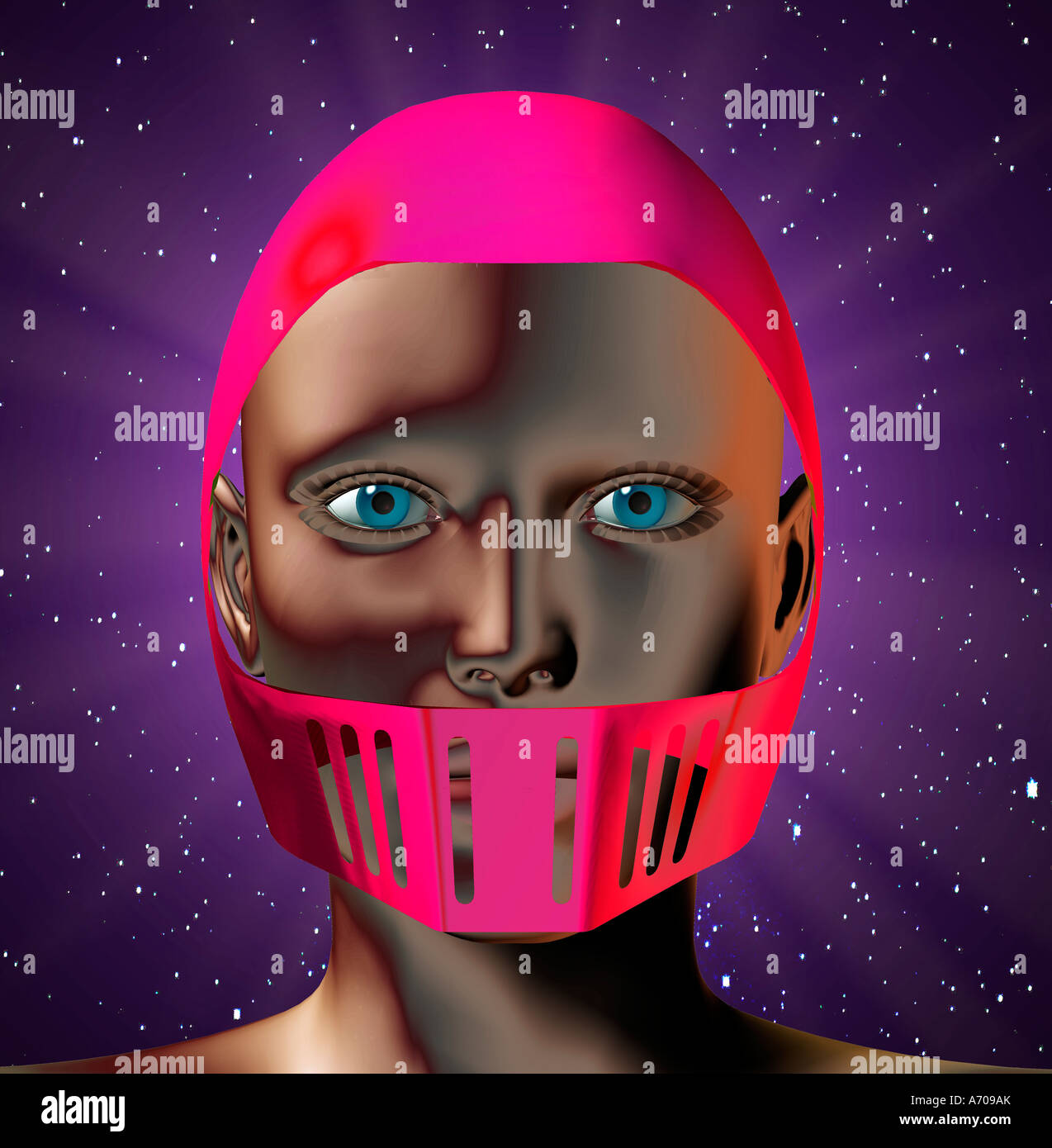 futuristic 3D computer generated bionic female robot head wearing space ...