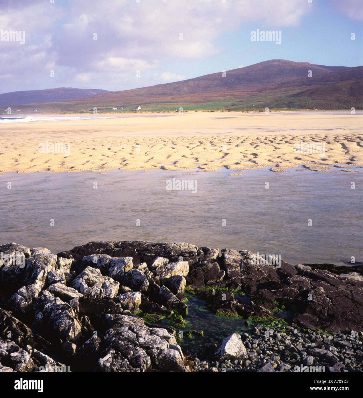 Rocky outcrop and estuary sand deposits Isle of Harris Outer Hebrides ...