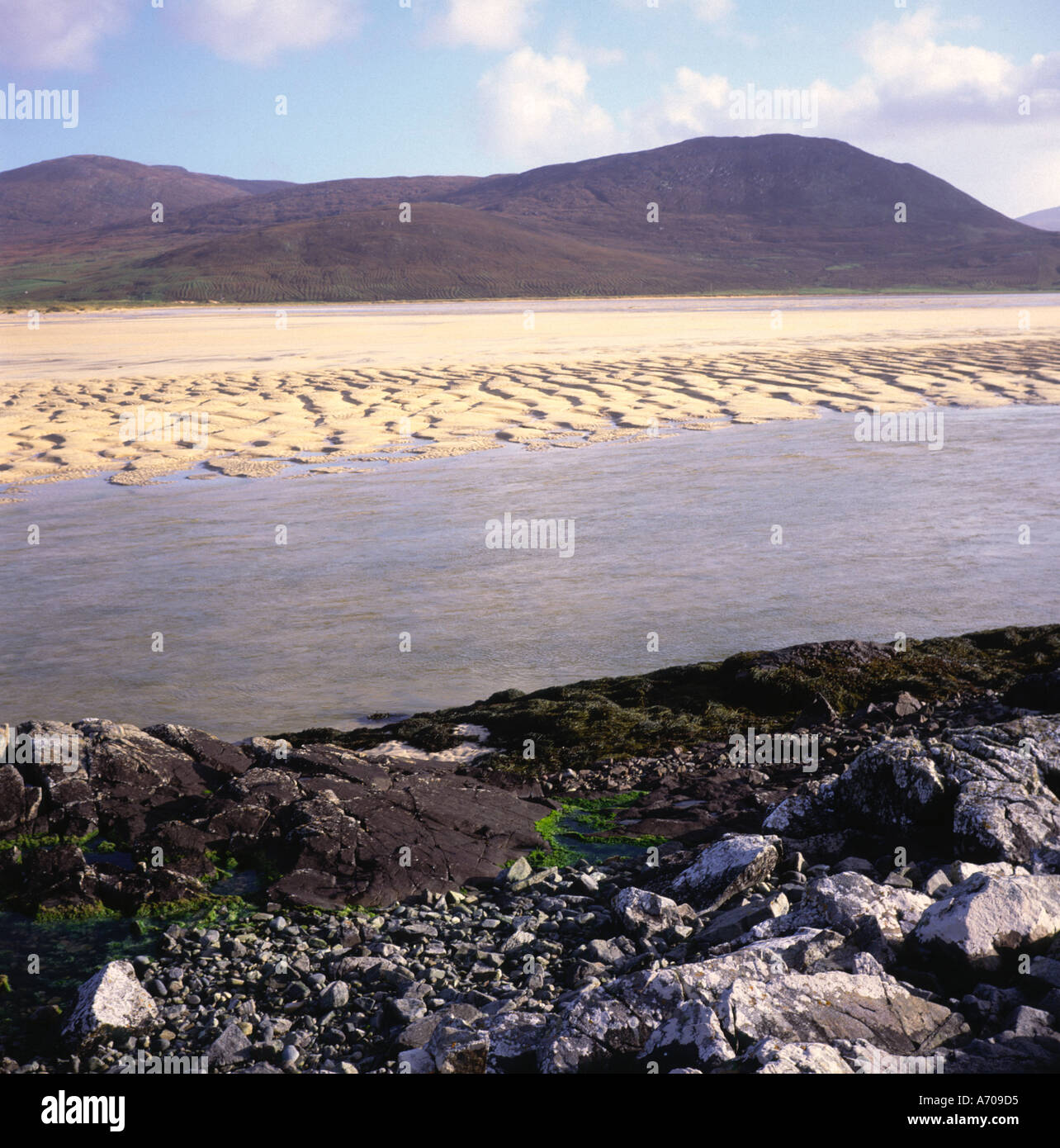 Rocky outcrop and estuary sand deposits Isle of Harris Outer Hebrides ...