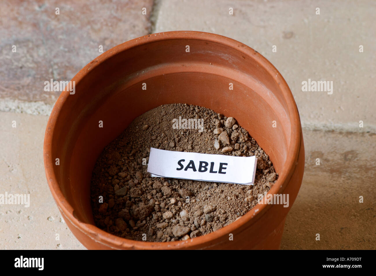Plant pot with soil sample to illustrate different soil types, part of ...