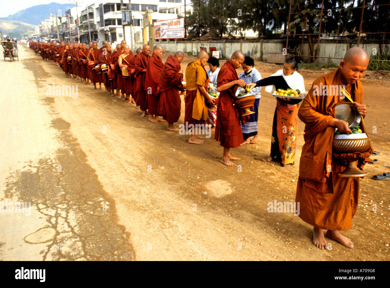 Thailand Thai Buddhist monk religion temple Monks eating meal rice food ...