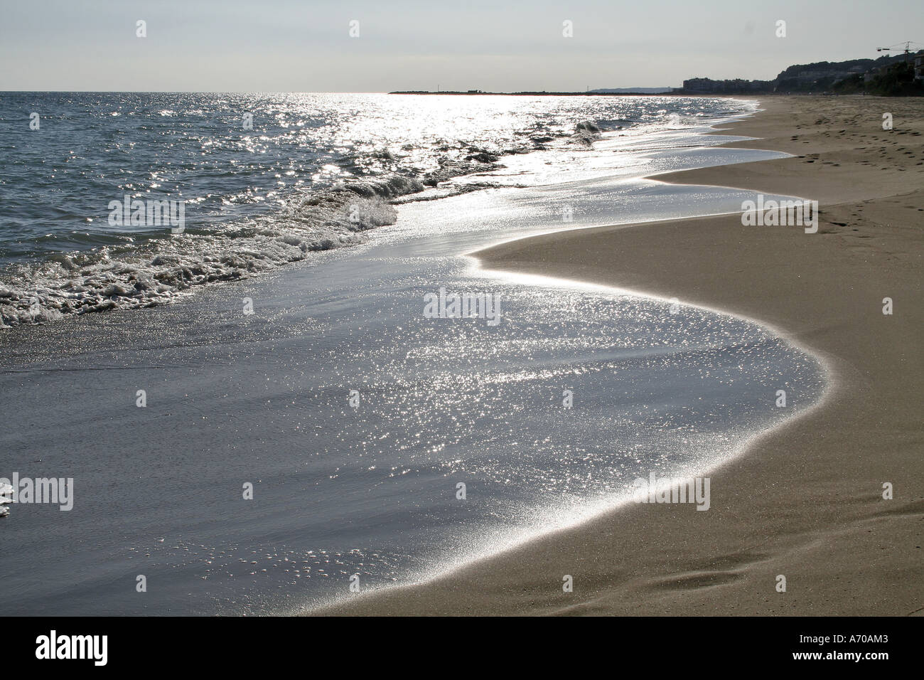 Deserted lonely beach in the early season El Vendrell, Coma Ruga Costa ...