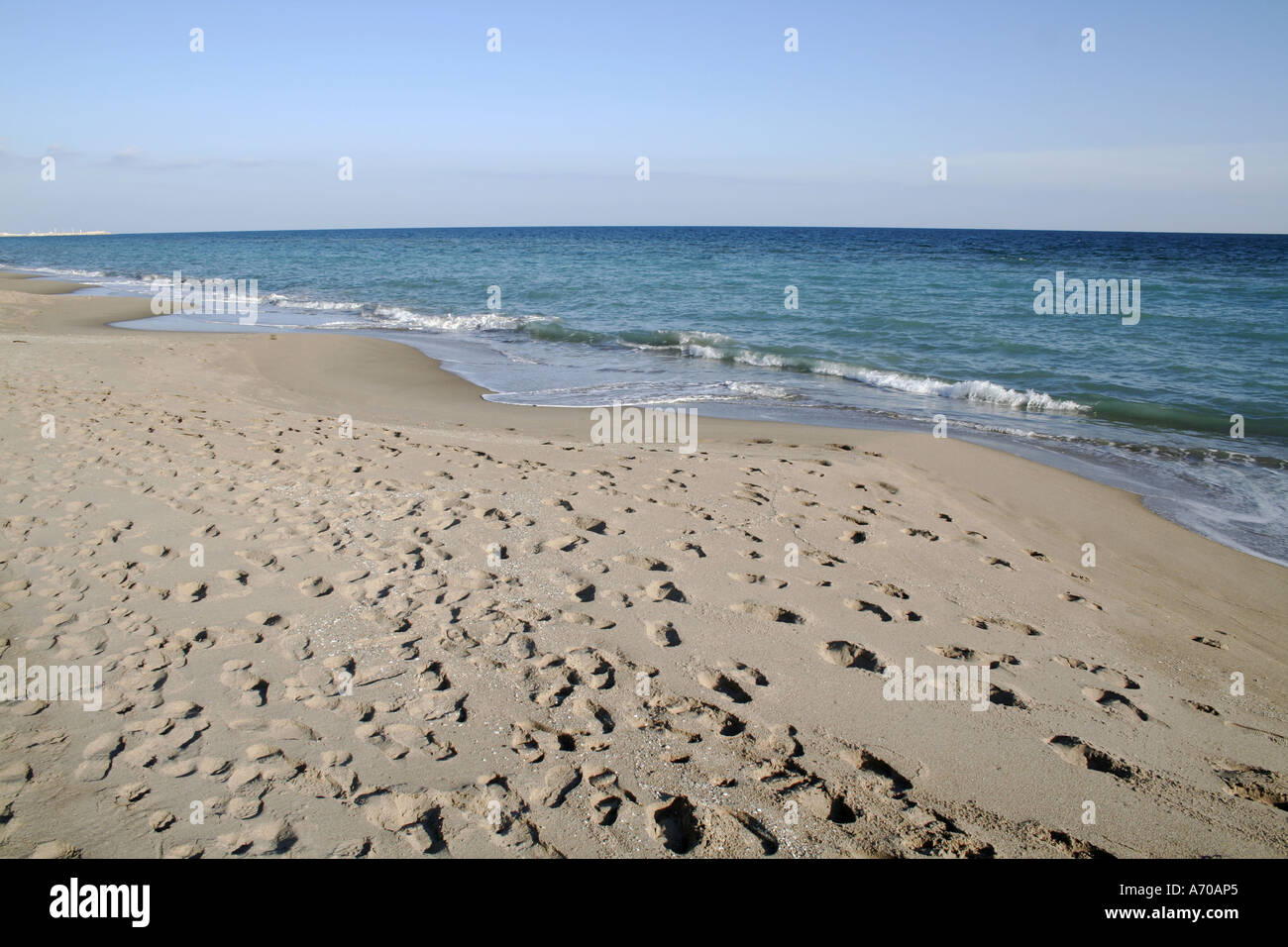 Deserted lonely beach in the early season El Vendrell, Coma Ruga Costa ...