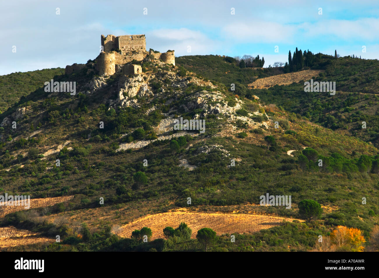 The Chateau d’Aguilar Cathar hilltop fortress dating from the 11th and ...