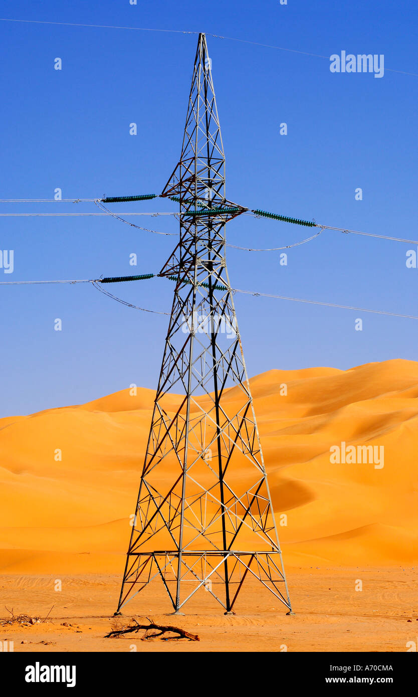 Dead wood in front of electricity pylon in the desert sand Sahara ...