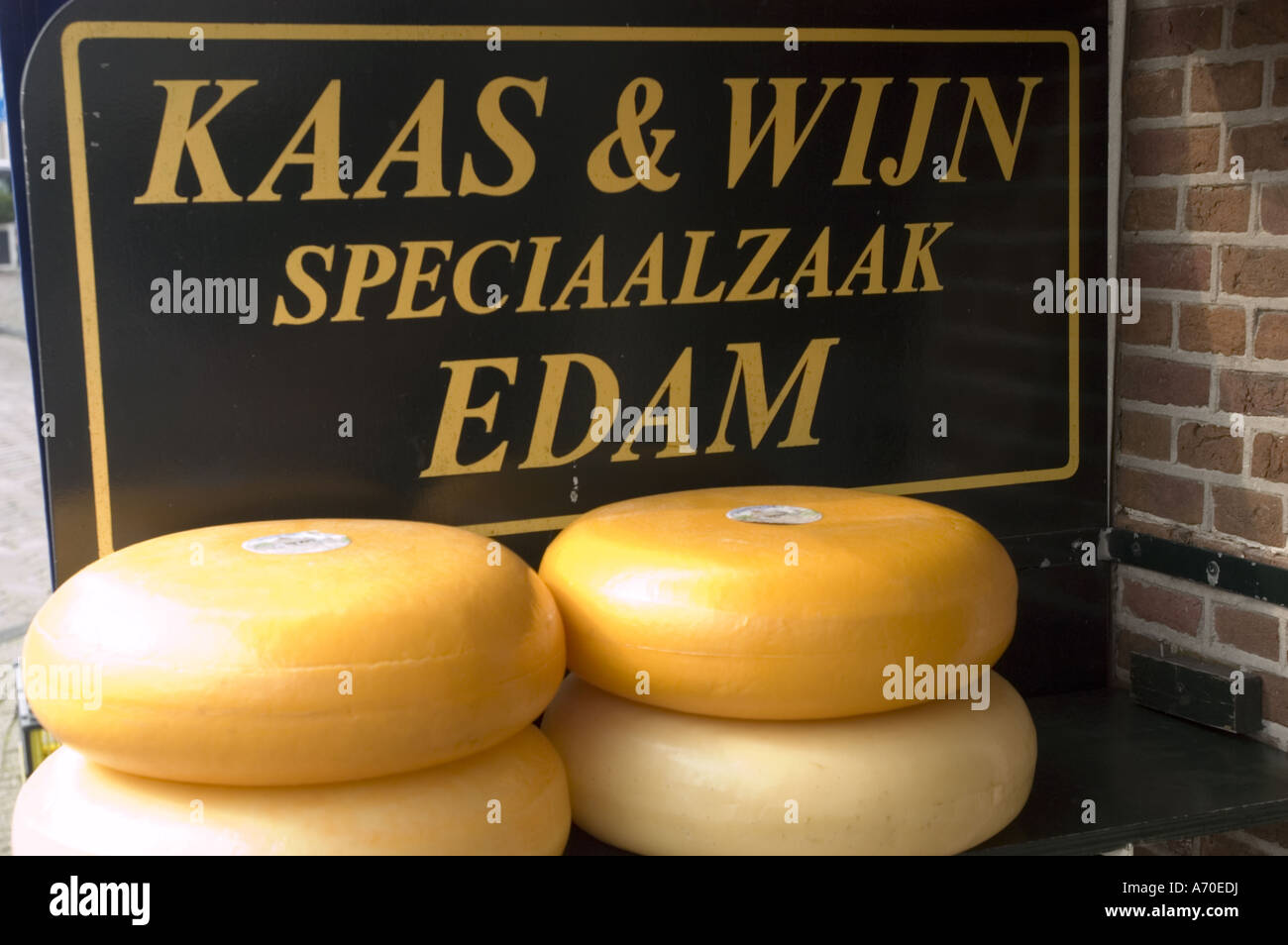 Round pieces of Dutch Edam cheese on display in Edam North Holland ...