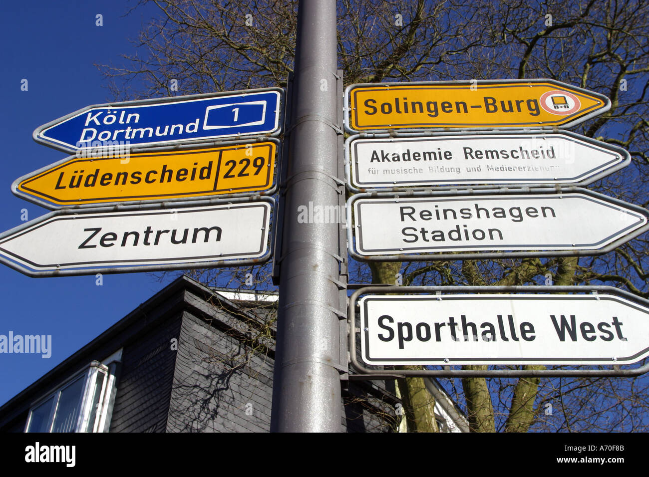 Road signs showing different directions in Remscheid near Dusseldorf ...