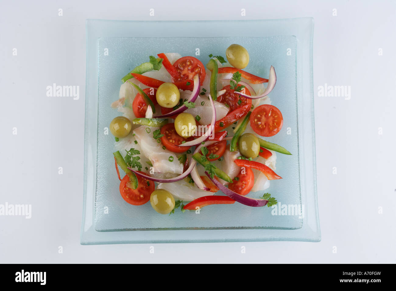 Shredded salt cod salad with manzanilla olives Stock Photo - Alamy
