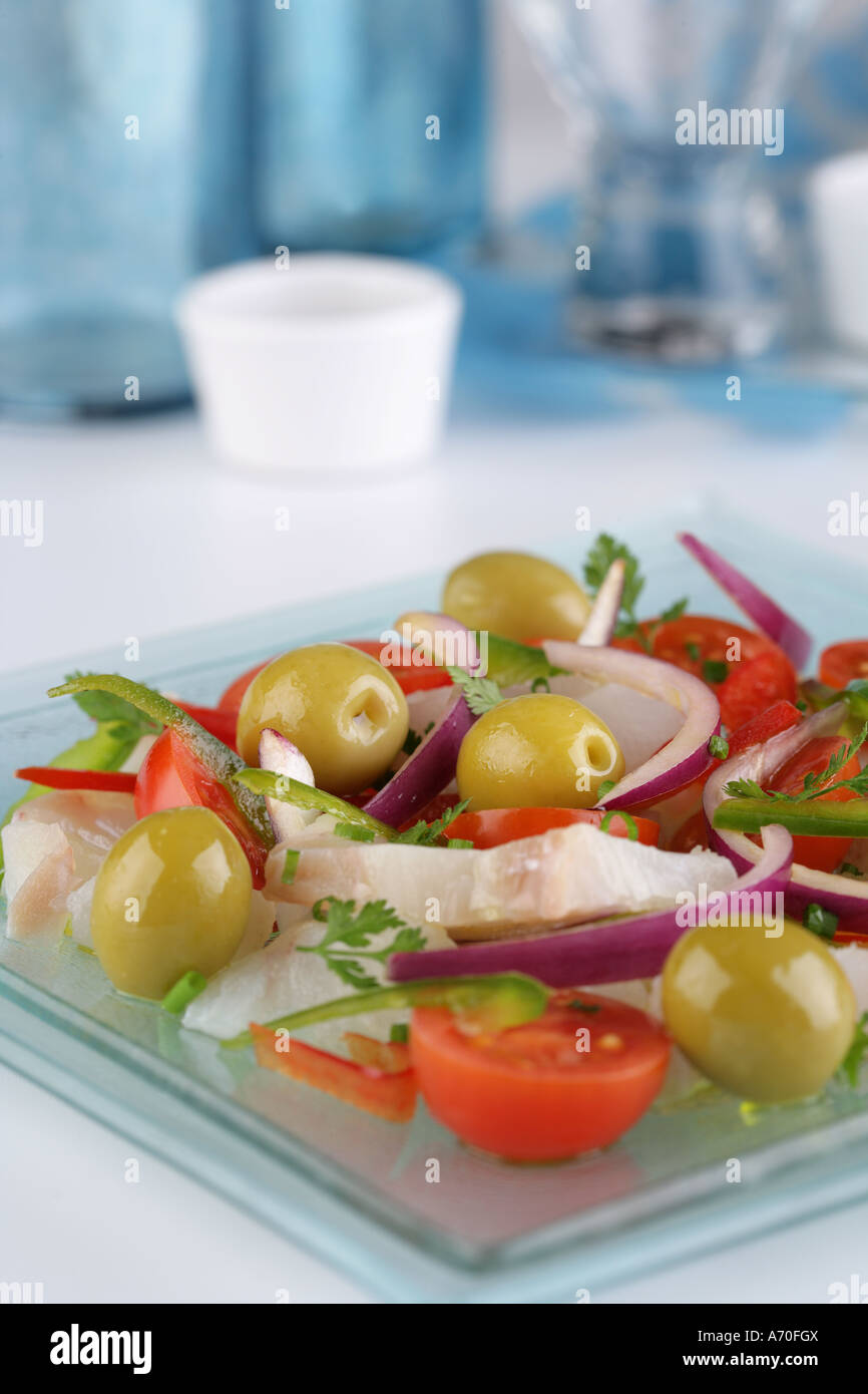 Shredded salt cod salad with manzanilla olives Stock Photo - Alamy
