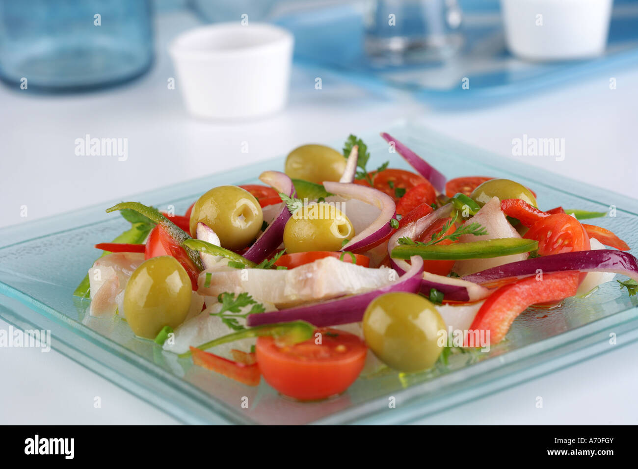 Shredded salt cod salad with manzanilla olives Stock Photo - Alamy