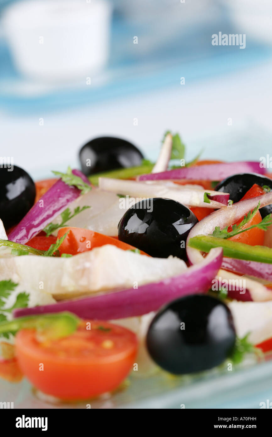 Shredded salt cod salad with manzanilla olives Stock Photo - Alamy