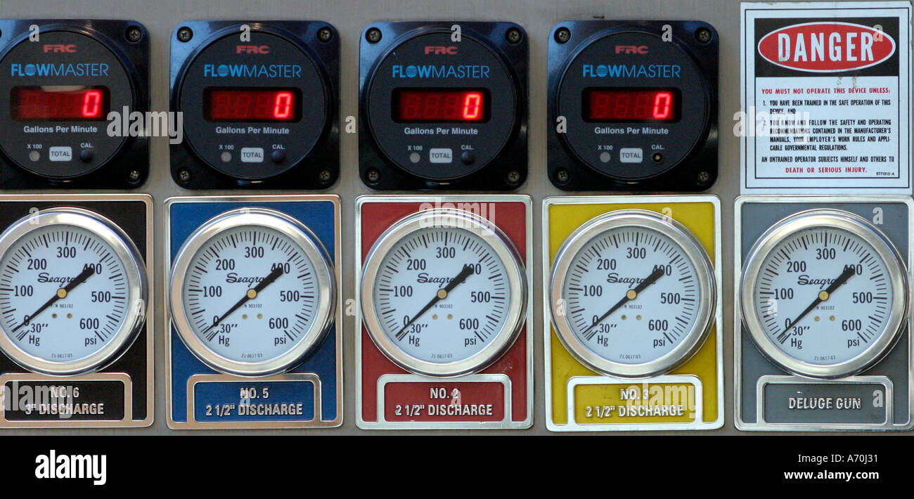 Danger pump gauges New York City fire engine Stock Photo - Alamy