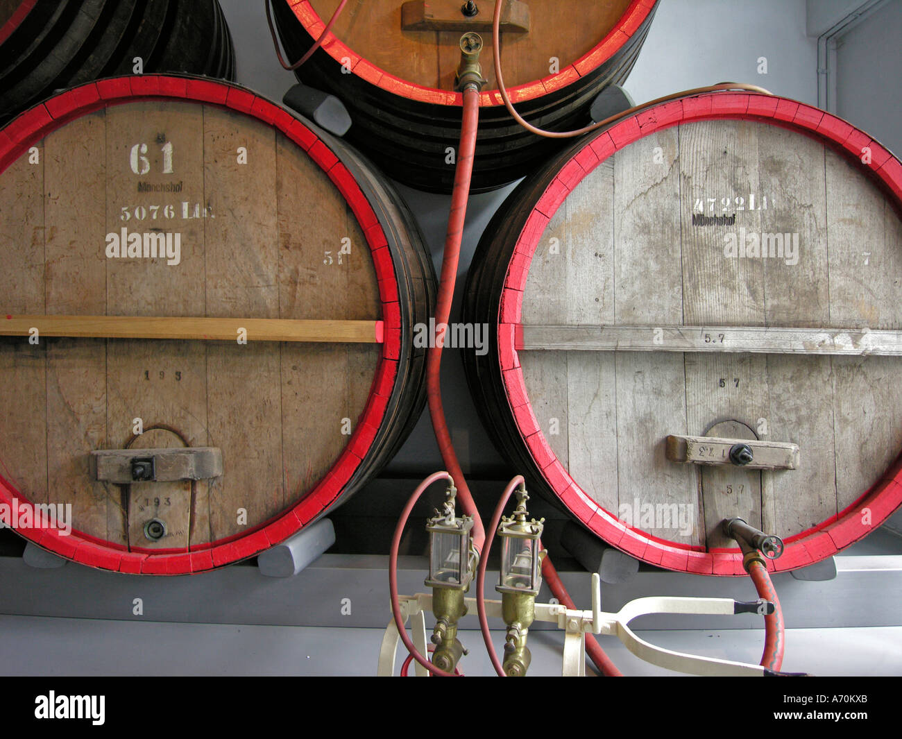 beer fermenting in wooden barrels in Bavarian beer museum in Kulmbach ...