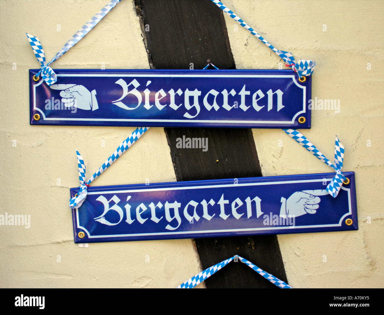 fingerposts signs for beer gardens Biergarten in direction right and ...