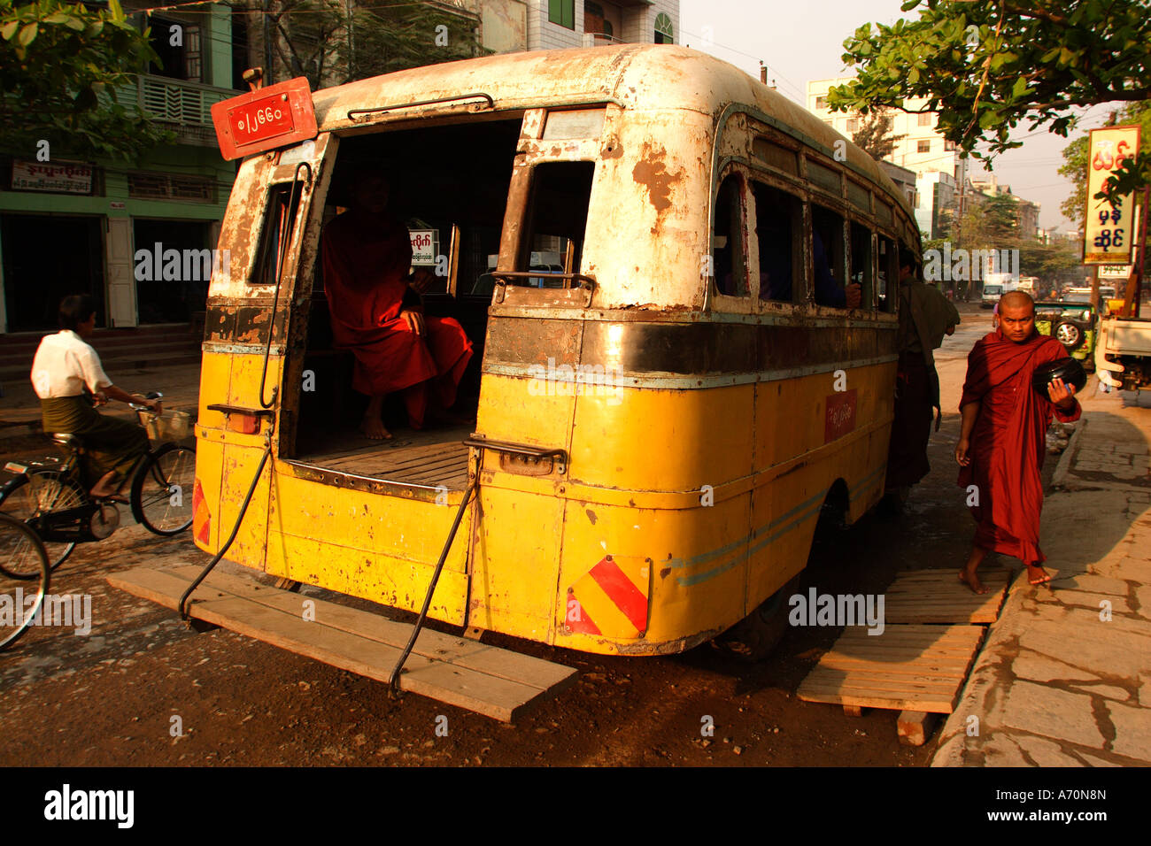 Asia, Myanmar, Mandalay, monks riding ancient bus Stock Photo - Alamy