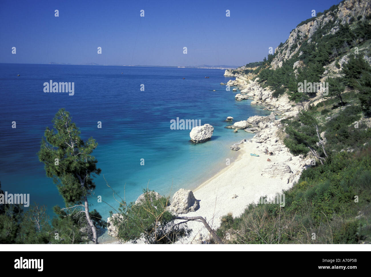 Europe, Albania. Coastal road South of Valona. White sand beach and ...