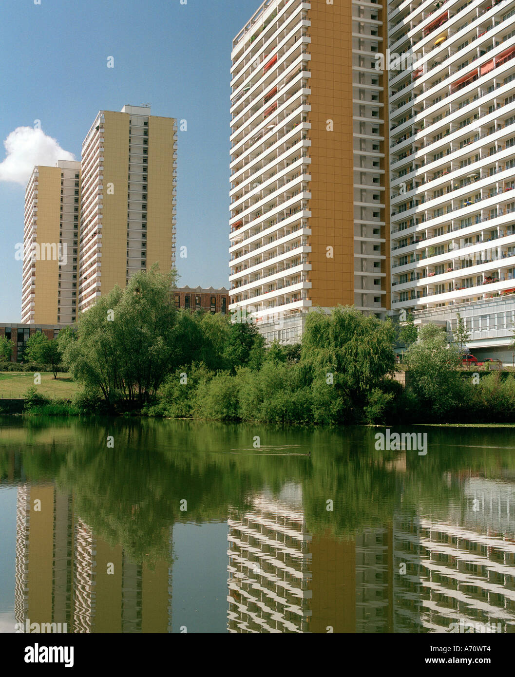 High rise buildings of redeveloped buildings at a small lake in the ...
