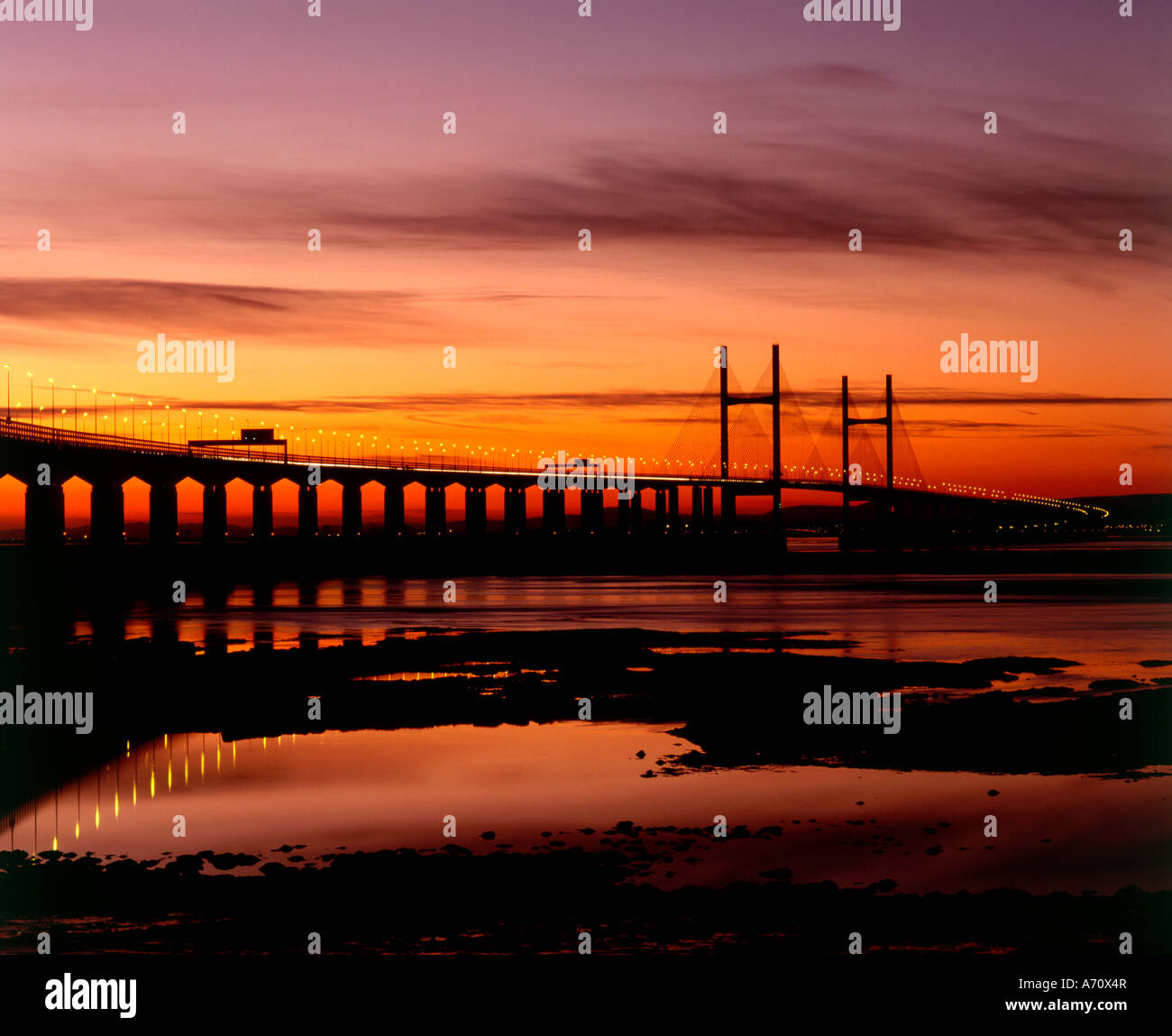 Severn Road Bridge M4 at sunset taken from Redwick Gloucestershire ...