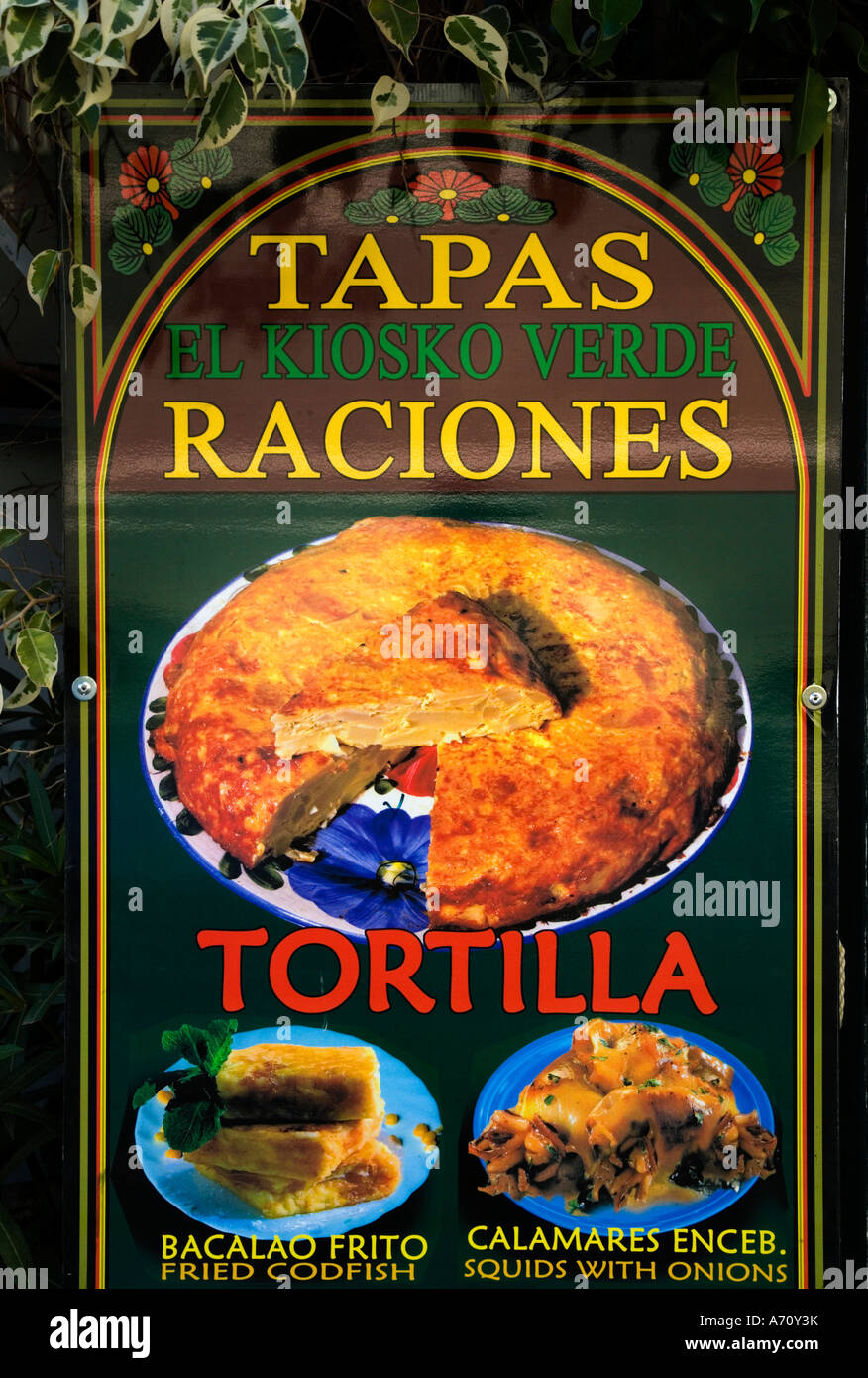 Menu board outside Spanish restaurant showing typical food Stock Photo ...