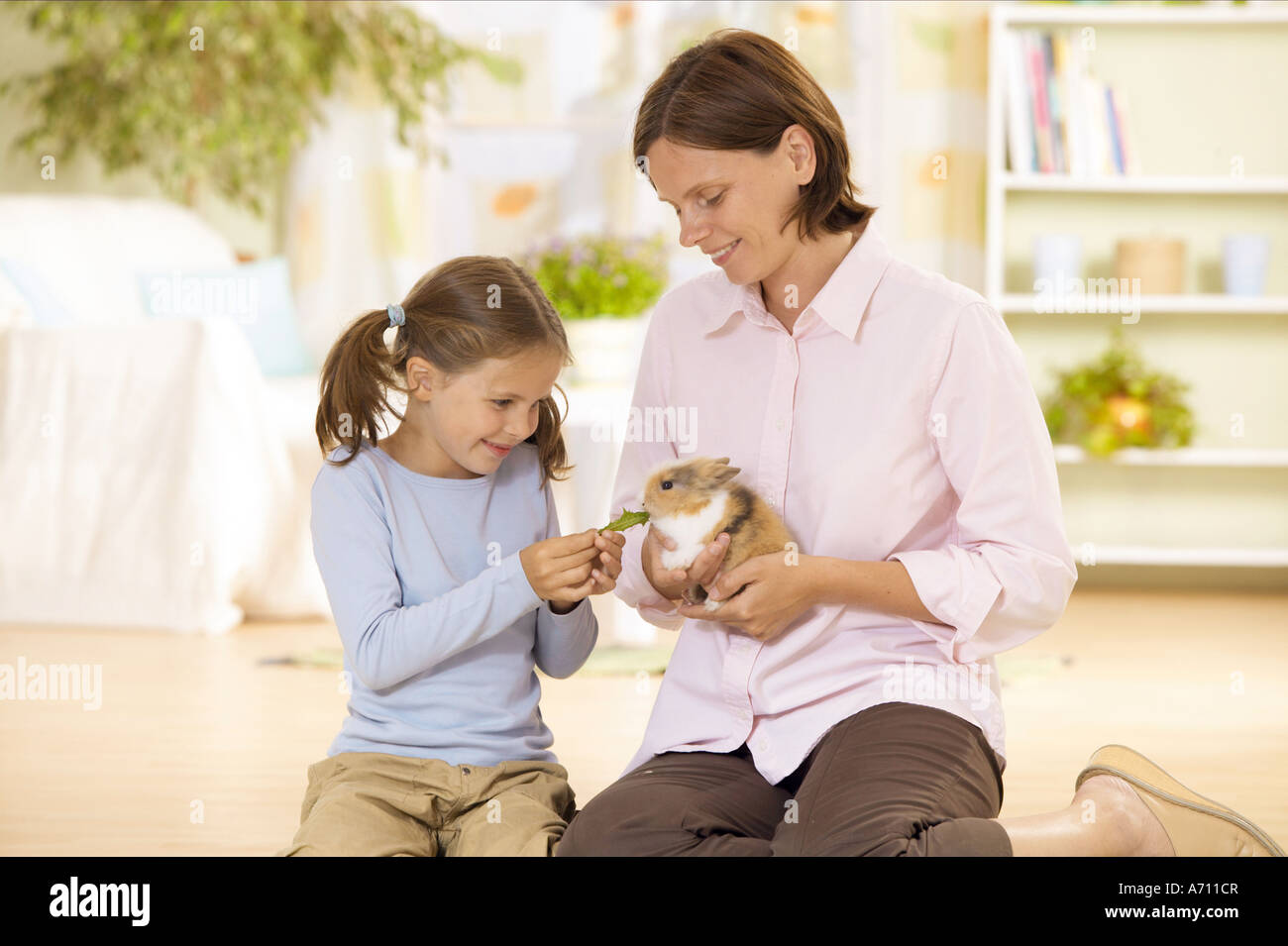 woman with girl and young pygmy rabbit Stock Photo - Alamy