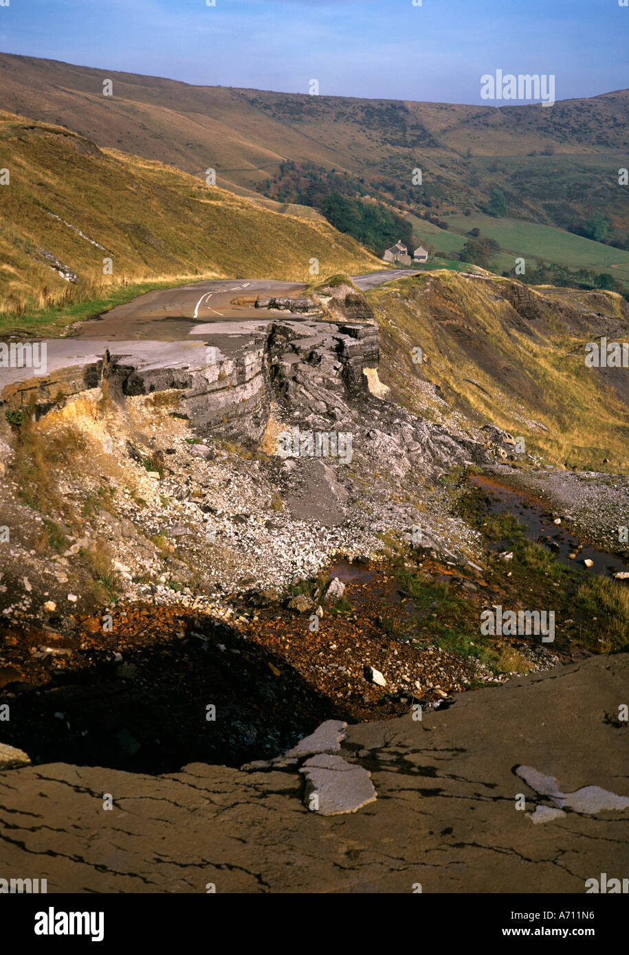 England Derbyshire Castleton Mam Tor subsidence on the A625 road Stock ...